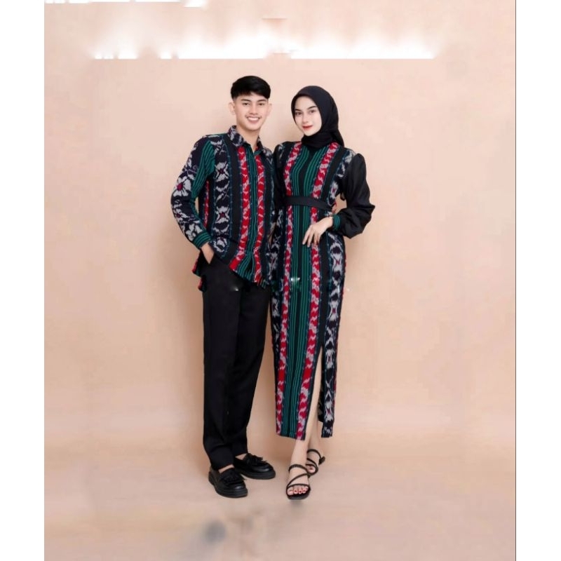 Jual Set Couple Tenun Etnik - Baju Tenun Couple Etnik Warna Hijau Hitam - Gamis Tenun - Kemeja ...