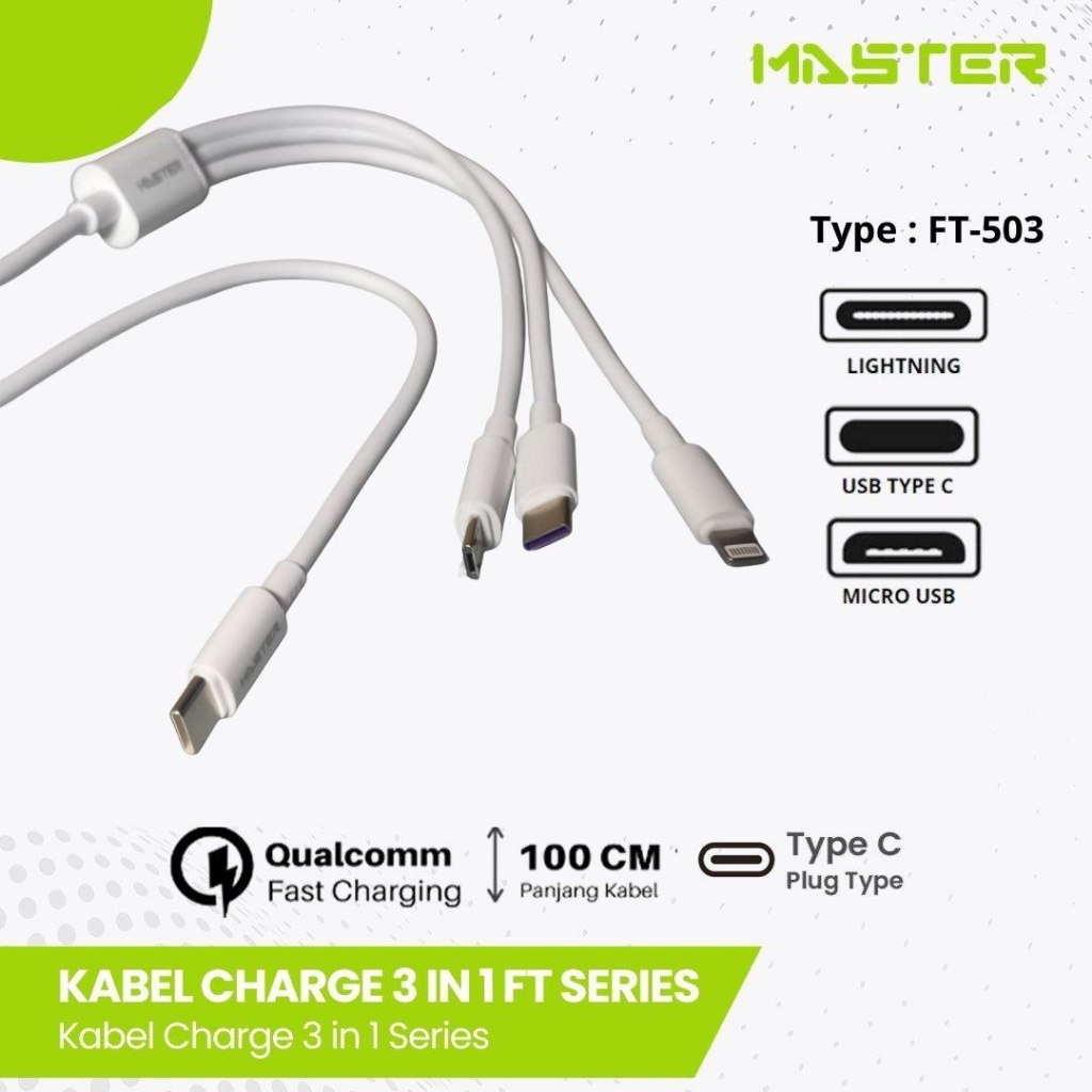 Jual KABEL CHARGE TYPE C 3 IN 1 MASTER FT503 | Shopee Indonesia