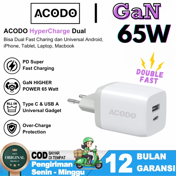 Jual ACODO HyperCharge 65W GaN Charger 2 Port USB C USB A PD Dual White Adaptor Android iPhone ...