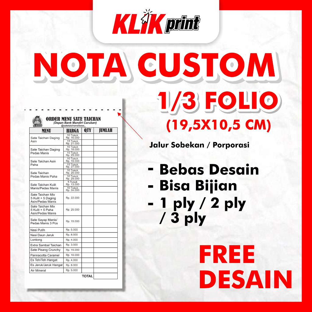 Jual Nota Satuan 1/3 Folio | 19,5 X 10,5 CM | Nota Custom Bijian Free ...