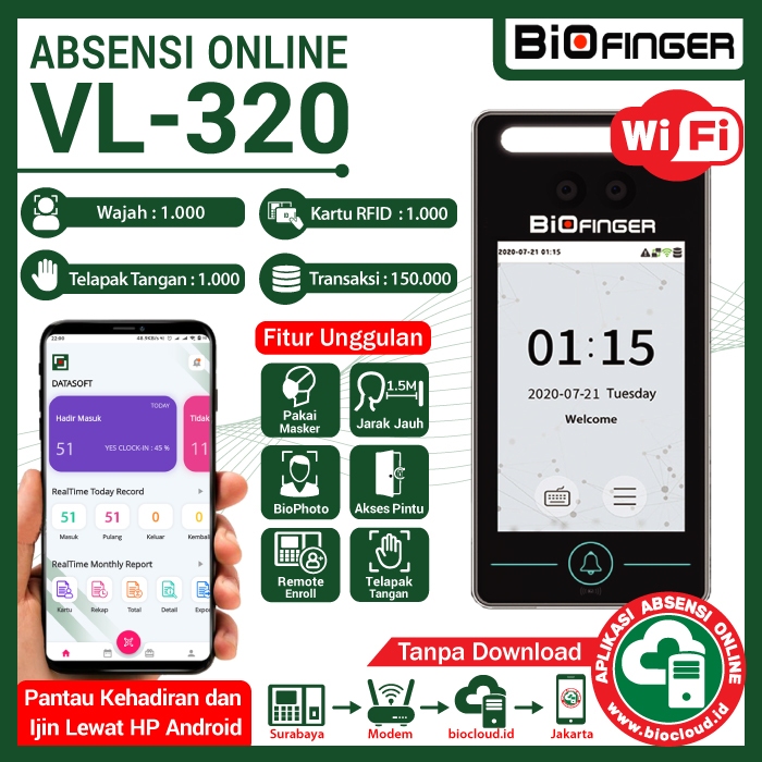 Jual Absensi Online Wajah Kartu Tangan BioFinger VL-320 USB LAN WIFI Akses Kontrol ADMS Cloud ...