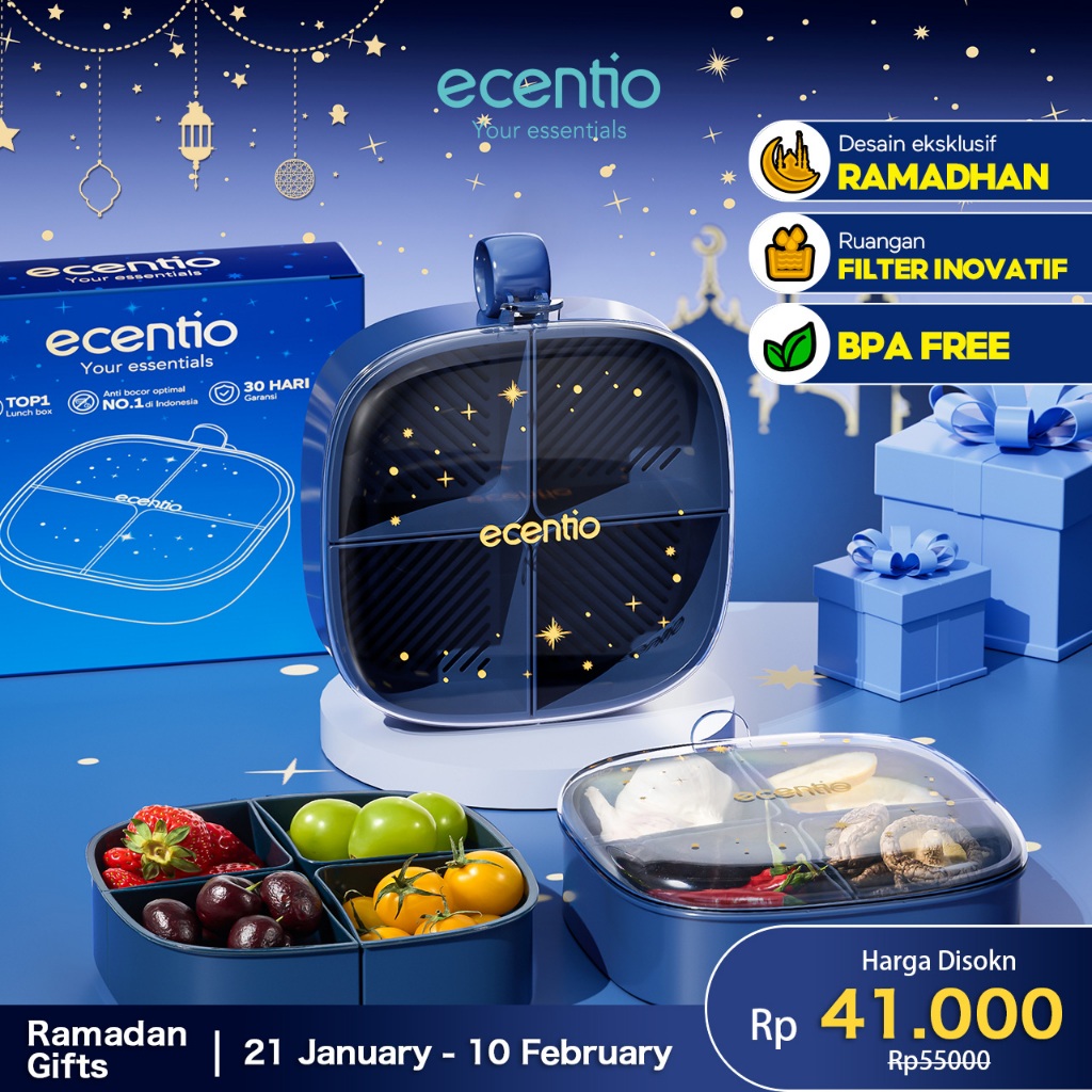 Jual [Ramadan essentials] ecentio food container 4 grid biru simpan ...
