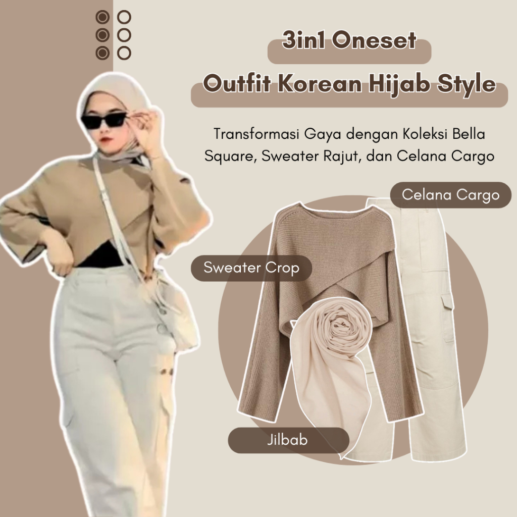 Jual OOTD One Set 3in1 Atasan Cardigan Crop - Celana Cargo dan Hijab Bella Square Outfit Konser ...