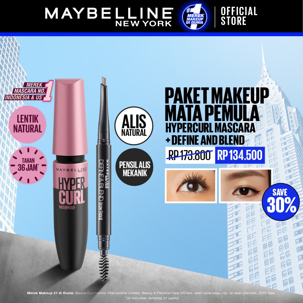 Jual MAYBELLINE OFFICIAL Paket Makeup Mata Pemula Hypercurl Waterproof ...