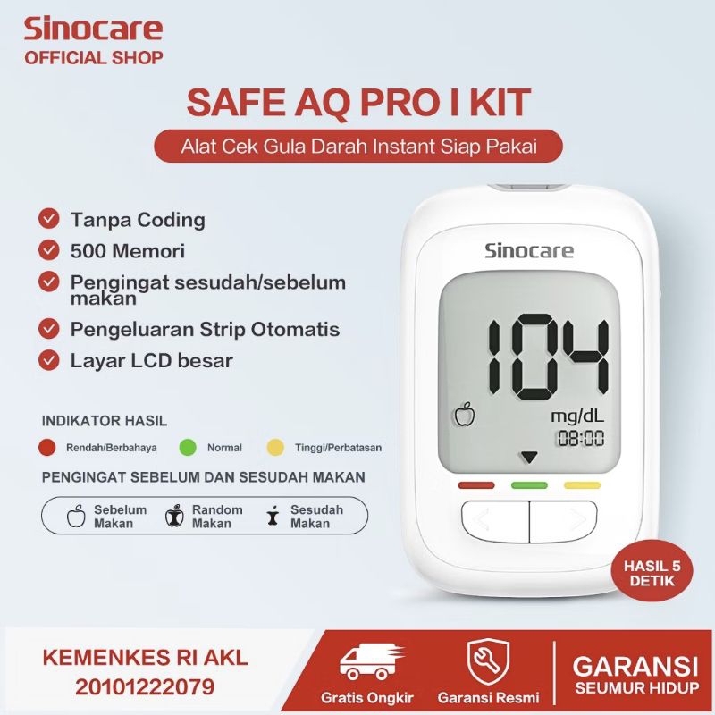 Jual Alat Ukur Cek Gula Darah Instant Sinocare Safe AQ Pro I 25 Kits ...