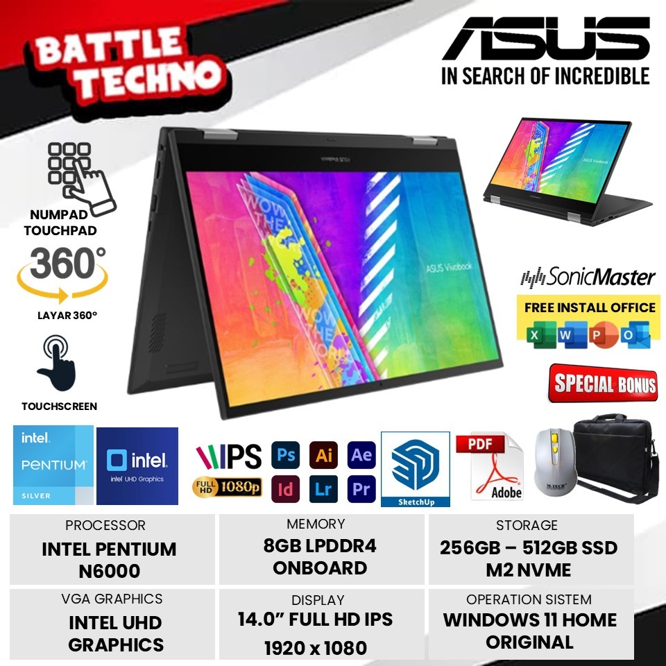 Jual Asus VivoBook Go 14 Flip TP1400KA Intel N6000 8GB 512GB SSD FHD ...