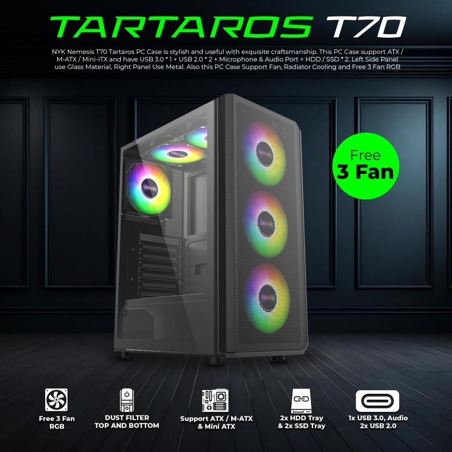 Jual NYK Nemesis Tartaros T70 Gaming Case Casing ATX Free 3Fan RGB ...