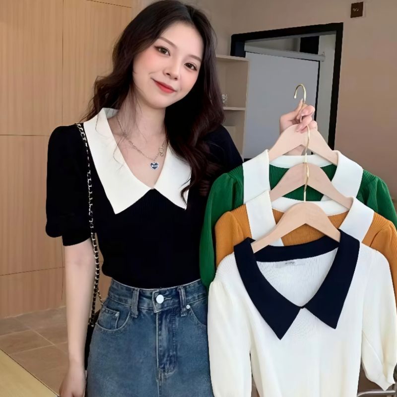 Jual Atasan Sweater Knit Rajut Crop Wanita Korean Baju Atasan Kaus Wanita Rajut Kerah Crop ...