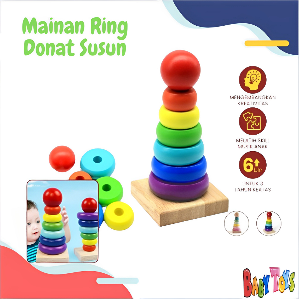 Jual BabyToys Mainan Anak Ring Donat Susun Kayu Edukasi Puzzle Tower ...