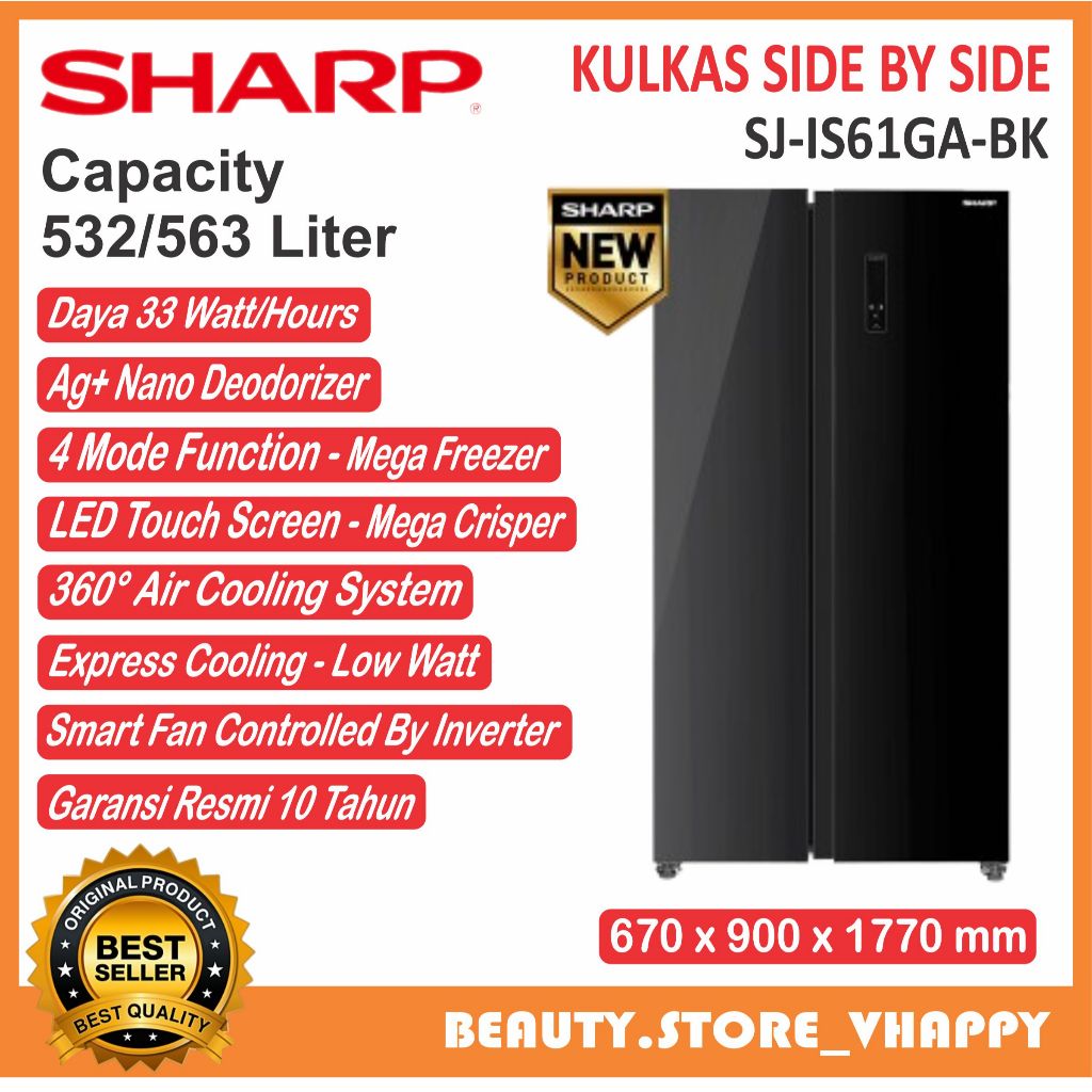 Jual Kulkas Side By Side SHARP 2 Pintu 532/563 Liter SJ-IS61GA-BK Inverter Murah Garansi Resmi ...