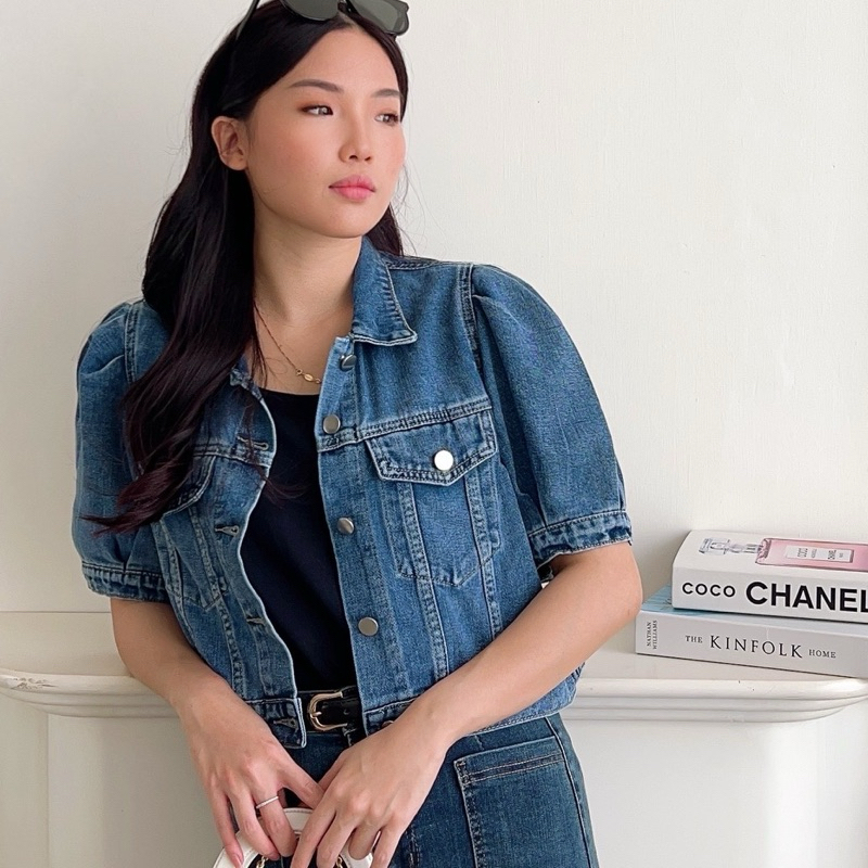 Jual Lola Denim Jacket - Dark Denim Sophia Alice | Shopee Indonesia