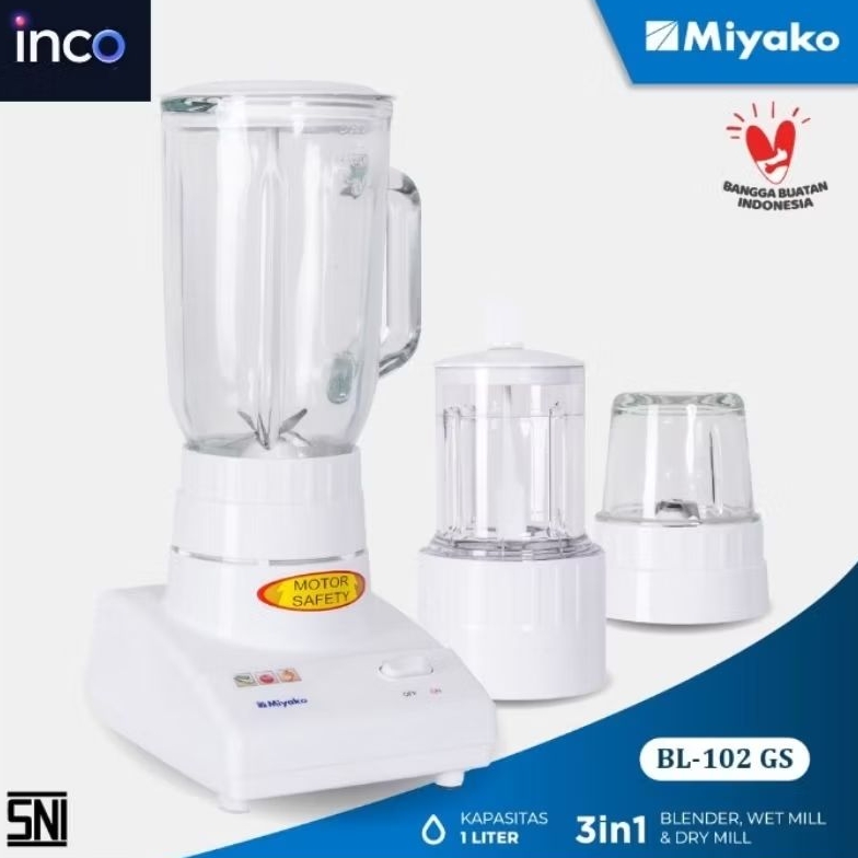 Jual BLENDER MIYAKO 1 Liter Kaca BL-102GS (3 in 1=Blender + Dry Mill + Wet Mill) | Shopee Indonesia