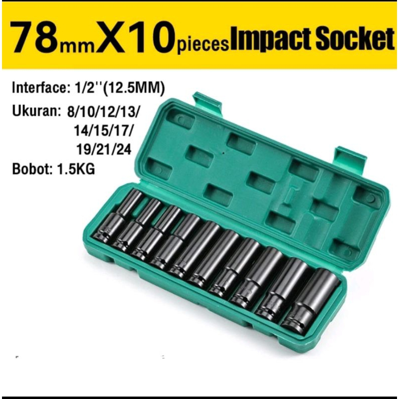 Jual Impact Socket Set 10 Pcs 1/2 Inch 8-24 mm Extension Impact Socket Mata Socket Impact Set ...