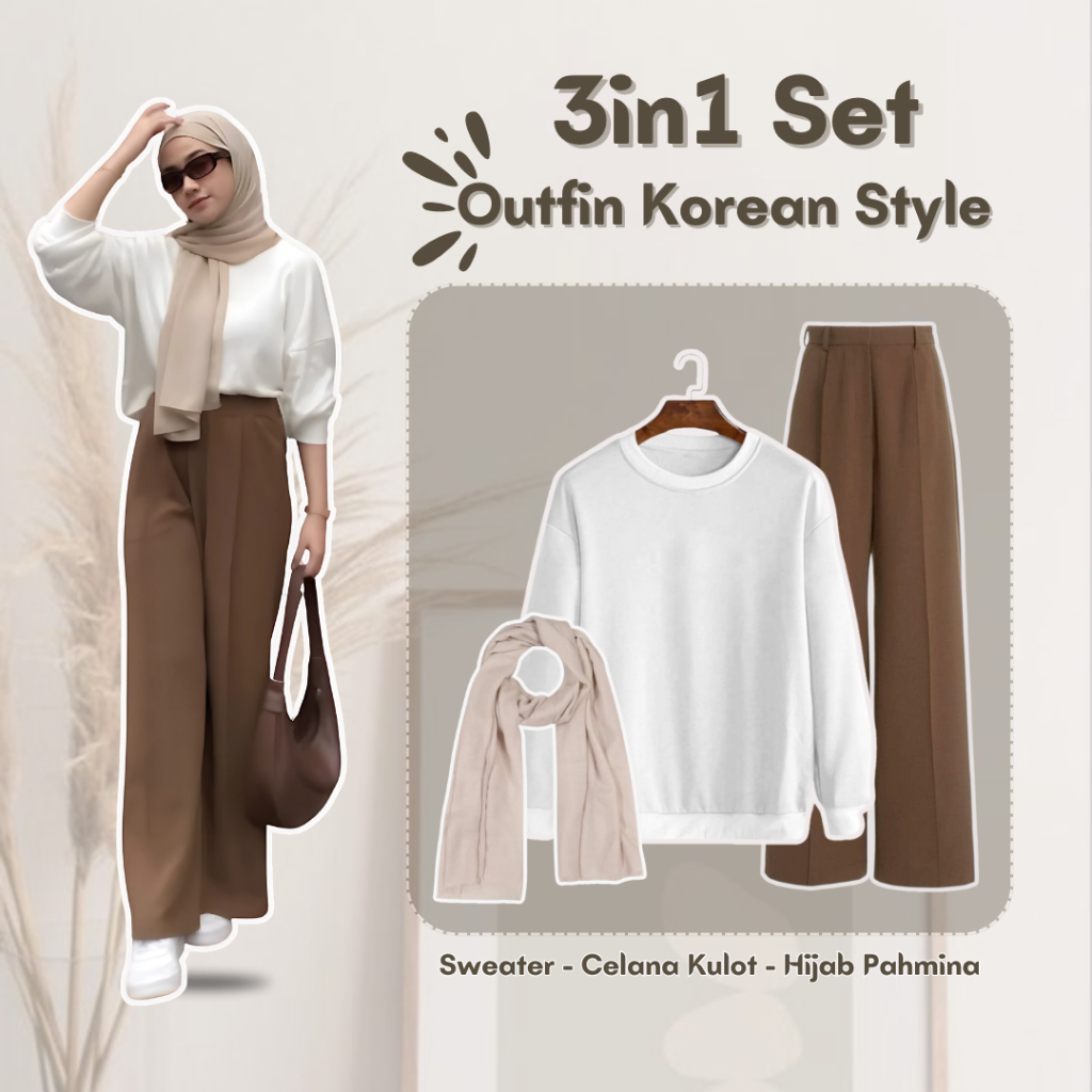 Jual One Set Outfit Wanita Casual Setelan Sweater Celana Kulot Dan ...