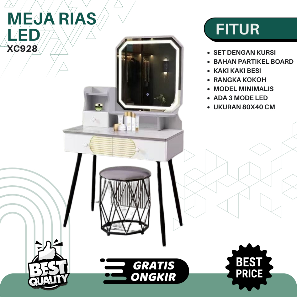 Jual Meja Rias XC928 + Kursi KDT 01 LED / Set Meja Kursi Rias Make Up ...