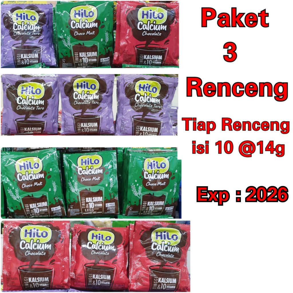 Jual PAKET 3 RENCENG SUSU HiLO HIGH CALCIUM CHOCO MALT CHOCOLATE TARO ...