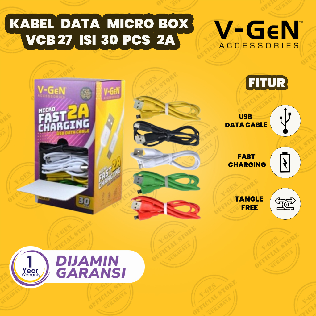 Jual Kabel Data MicroUSB V-GeN VCB-27 Fast Charging 2A 1 Box isi 30pcs ...