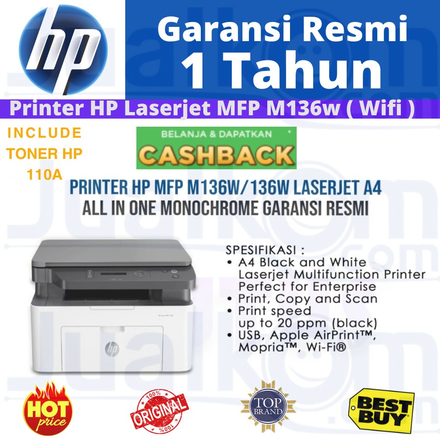 Jual PRINTER HP LASERJET 136 HP MFP 136A 136W PRINT SCAN COPY WIRELESS PENGGANTI HP LASEJET MFP ...