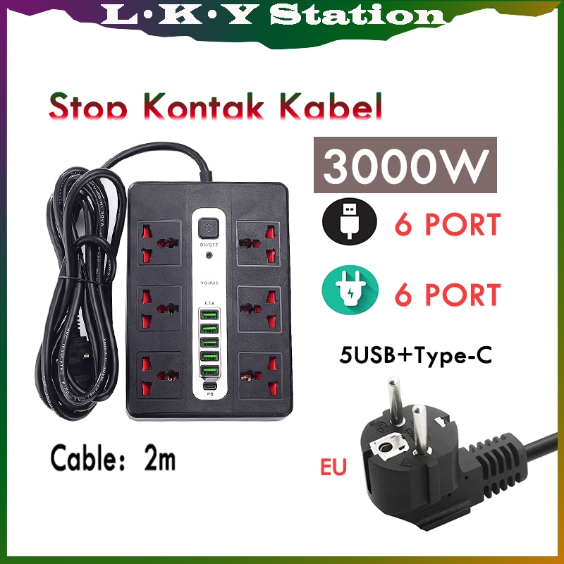 Jual 3000W 2Meter Stop Kontak USB Stop Kontak Kabel Serbaguna Multiguna Panjang Original Power ...