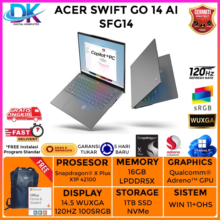 Jual ACER SWIFT GO 14 AI SFG14 SNAPDRAGON X PLUS X1P 42100 RAM 16GB 1TB ...
