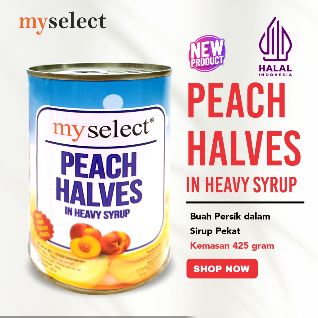 Jual Myselect Peach Halves in Heavy Syrup buah Persik dalam sirup pekat kemasan kaleng 425 gr ...
