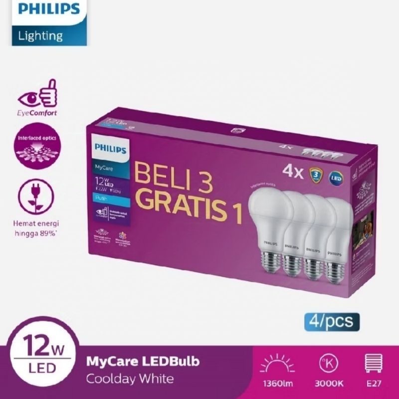 Jual PHILIPS MY CARE LED BULB 12 WATT BUY 3 GET 1 - COOL DAY WHITE E27 ...