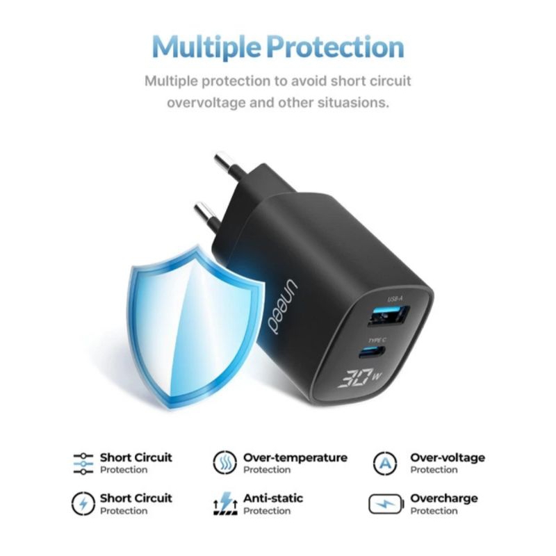 Jual Uneed Mini GaN Charger Dual Port 30W with DISPLAY PD 3.0 PPS QC 4. ...