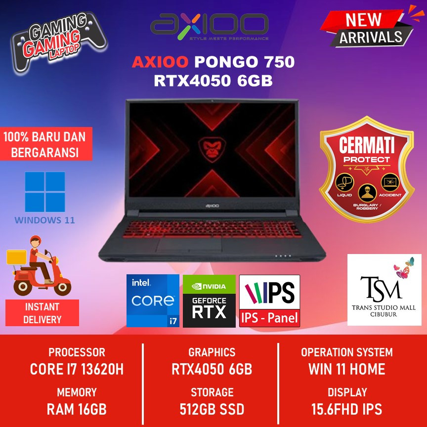 Jual AXIOO Pongo 750 RTX4050 6GB i7 13620H Ram 16GB 512GB SSD W11 15 ...