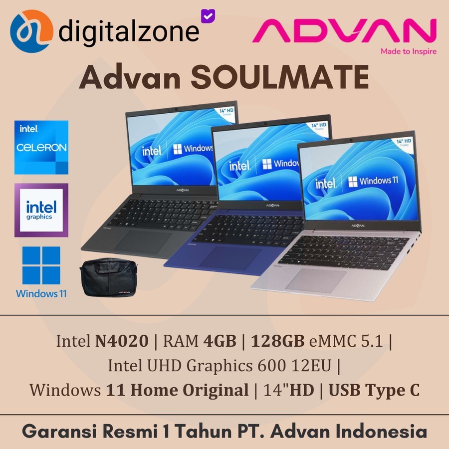 Jual Laptop Advan Soulmate 14 - 4/128GB N4020 W11 ORIGINAL 14"IPS HD ...