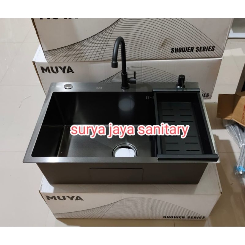 Jual Kitchen Sink Muya 6845 hitam paket kran pipa | Shopee Indonesia