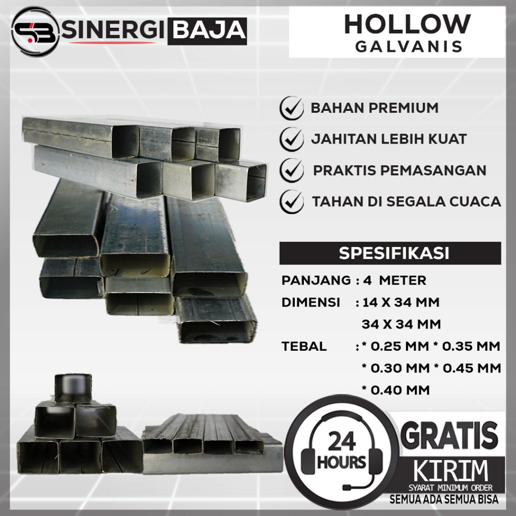 Jual Besi Hollow Galvanis 14x34 Panjang 4Meter Tebal 0.25 mm Rangka ...