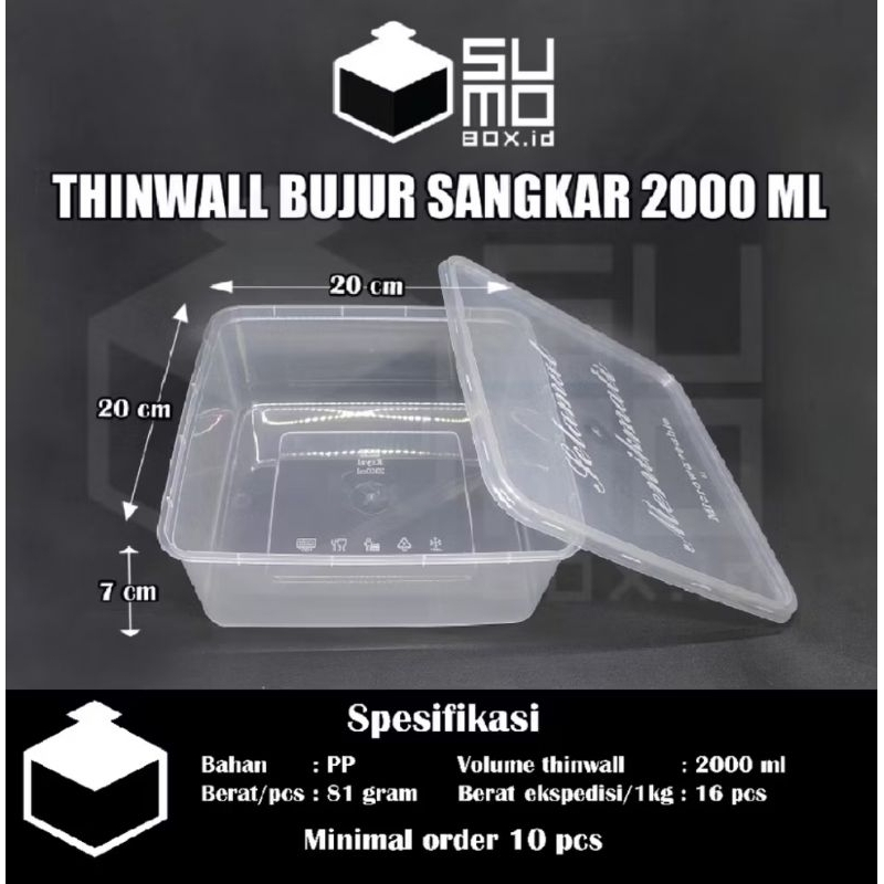 Jual Thinwall BUJUR SANGKAR (SQUARE) 2000 ml + tutup / Kotak Makan ...