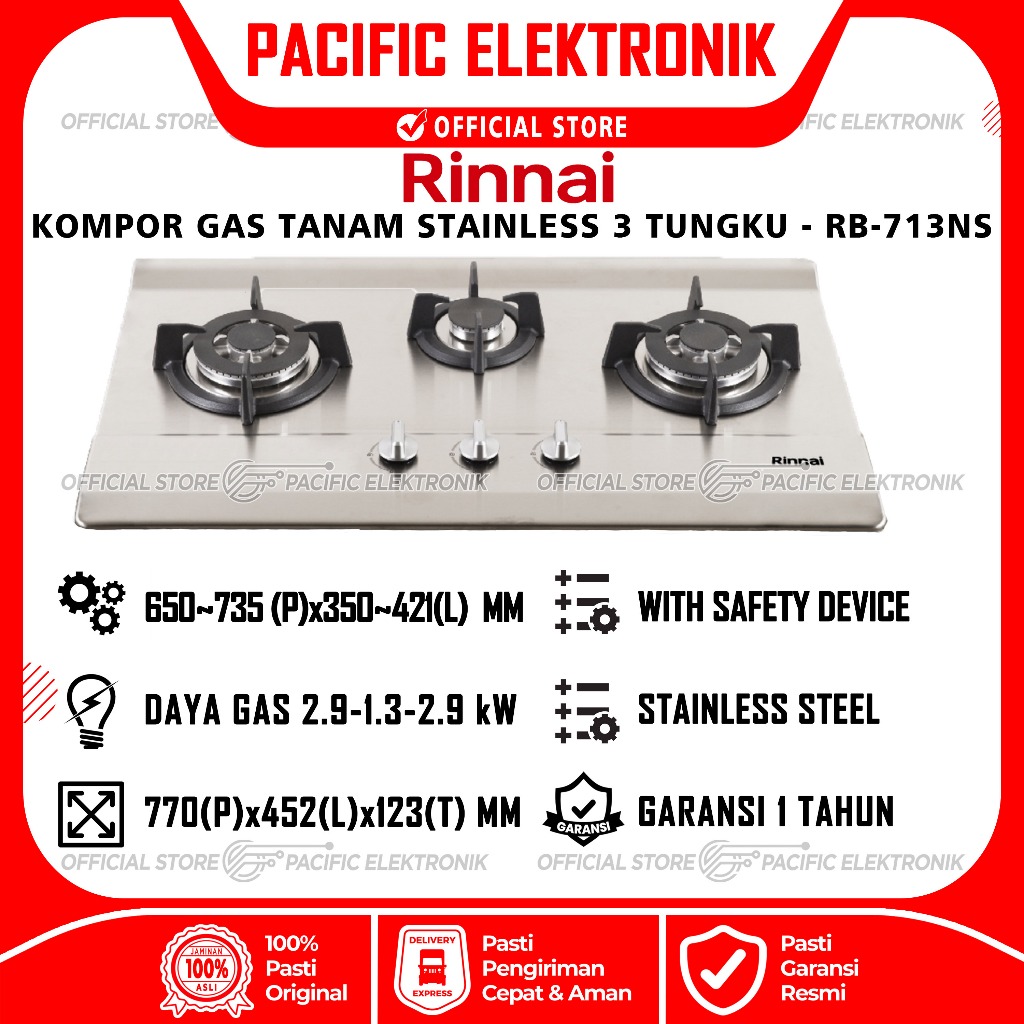 Jual Kompor Gas Tanam Rinnai Stainless 3 Tungku RB-713N(S) / 713NS | Shopee Indonesia