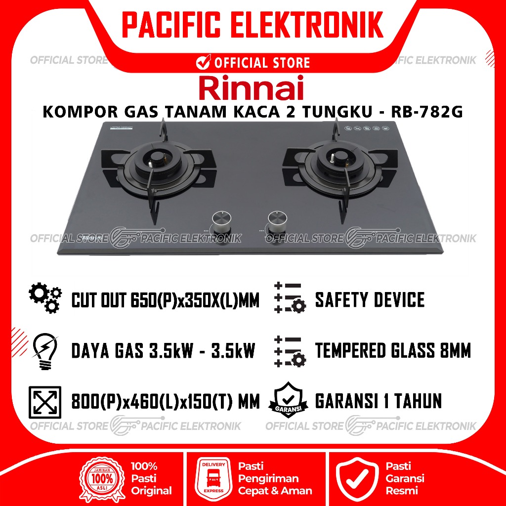 Jual Kompor Gas Tanam Rinnai Kaca 2 Tungku RB-782G / RB782G / 782G | Shopee Indonesia