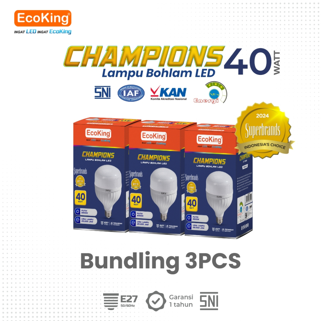 Jual EcoKing Lampu Bohlam Rumah LED Champion 40W 3 PCS Cahaya Putih ...