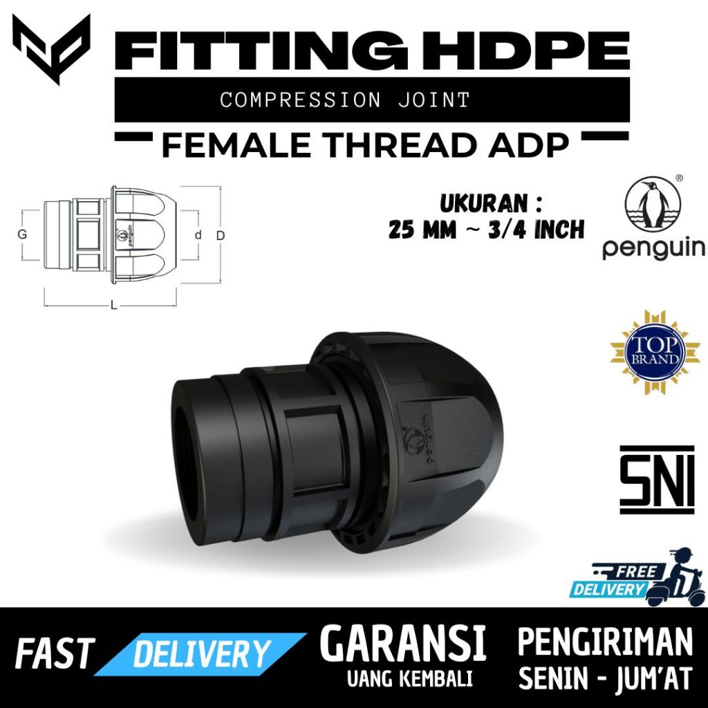 Jual Female Thread Adaptor Compression Joint 25mm ~ 3/4" Inch HDPE | Shopee Indonesia
