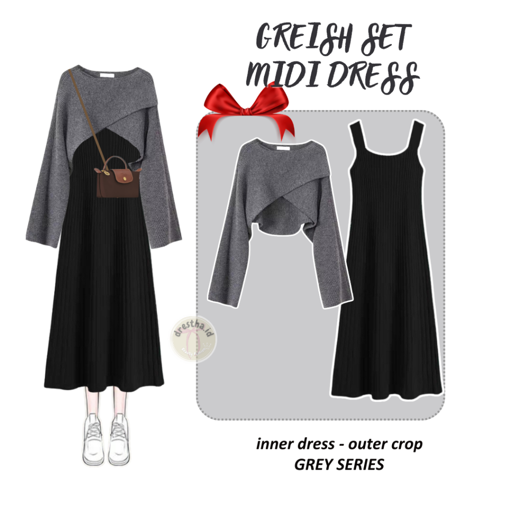 Jual One Set Inner Dress Midi Rajut + Outer Crop Rajut | Vest Cardigan ...