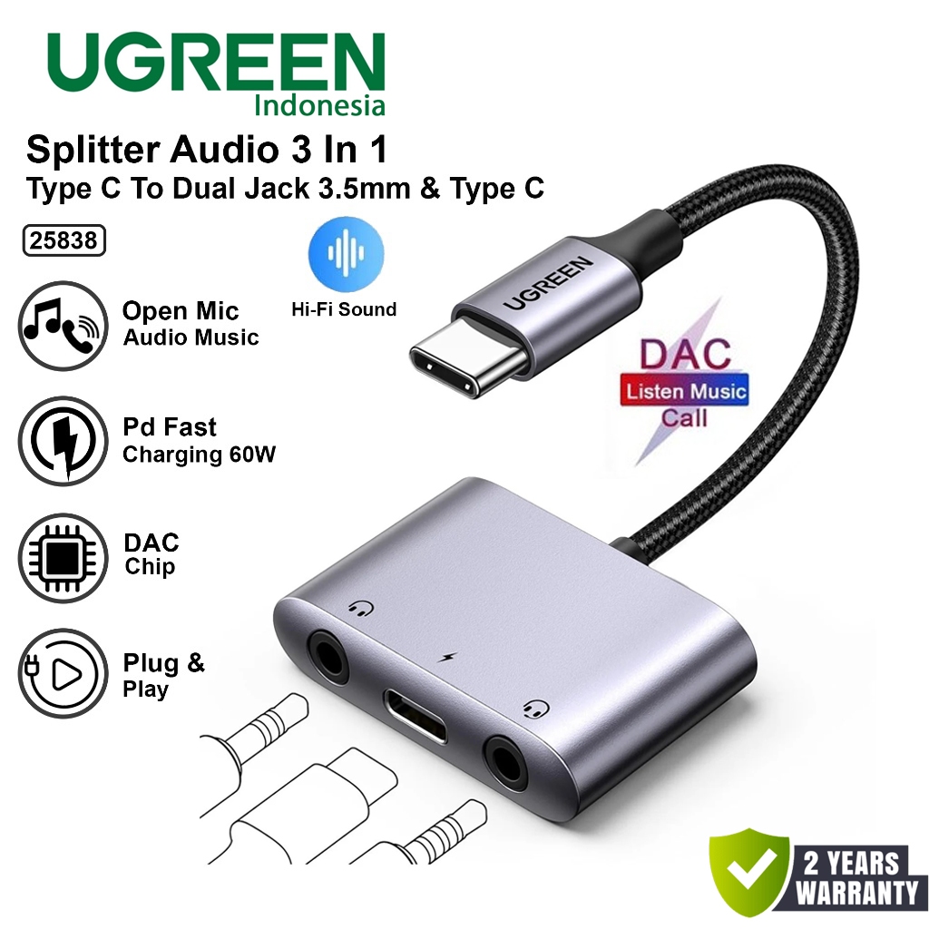 Jual UGREEN 25838 Kabel Audio Splitter 3in1 Type C to Type C + Dual ...