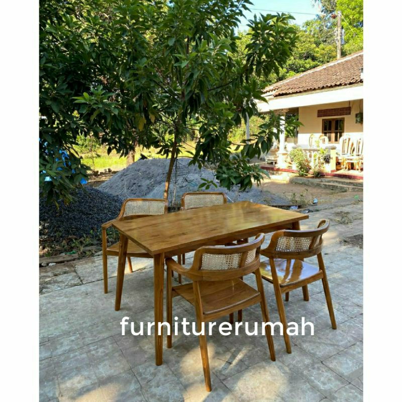Jual meja makan 4 kursi kayu jati rotan minimalis, set meja makan 4 kursi kayu jati rotan ...