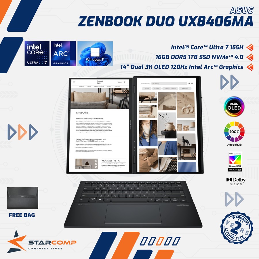 Jual ASUS Zenbook DUO UX8406MA-OLEDS711 Ultra 7 155H 16GB 1TB 14" 3K ...