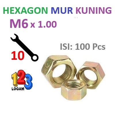 Jual 100 Pcs Mur M6 Kuning Galvanis Hexagon Besi Kunci Baut 10 Drat 1. ...
