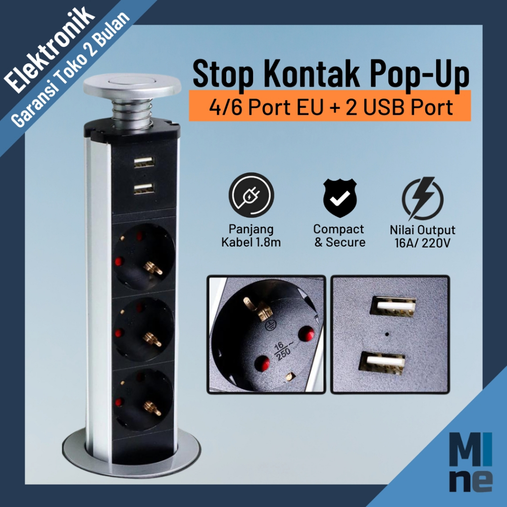 Jual Stop Kontak Tanam Meja Pop Up Electric EU Plug Socket with 2 USB ...