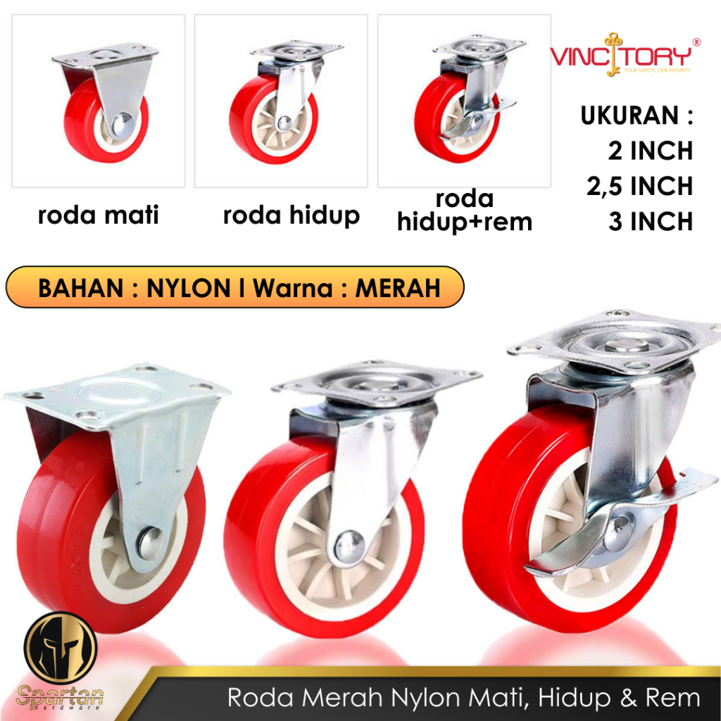 Jual Roda Troli 2 2,5 3 inch Mati Hidup Rem Nylon Merah Kastor Etalase ...