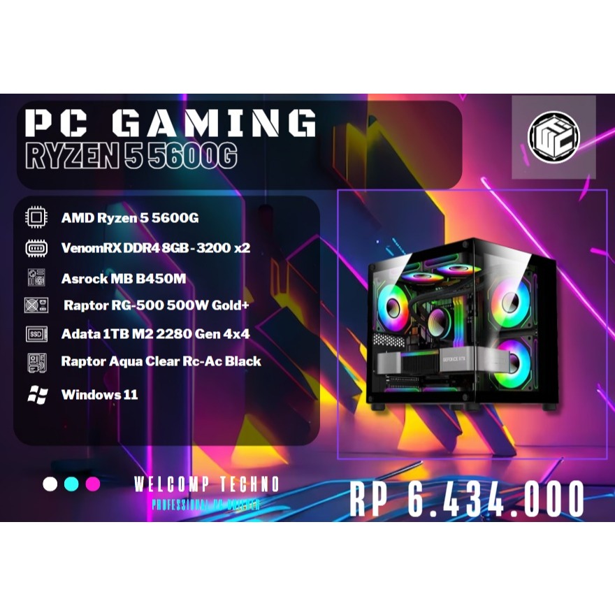 Jual PC gaming AMD Ryzen 5 5600G/DDR4 16GB/SSD 1TB/Raptor Aqua Clear Rc ...