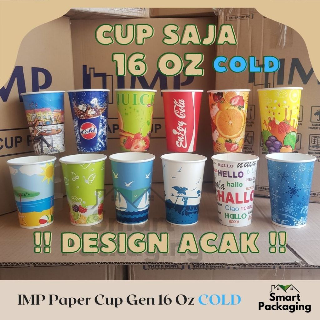 Jual [ISI 50 PCS] IMP Paper Cup Generik COLD 16 Oz MOTIF ACAK / Gelas ...