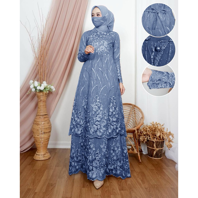 Jual MAXI VIRA (M L XL XXL XXXL) GAMIS BRUKAT SUSUN TILE MUTIARA Dress Susun Full Brukat Free ...