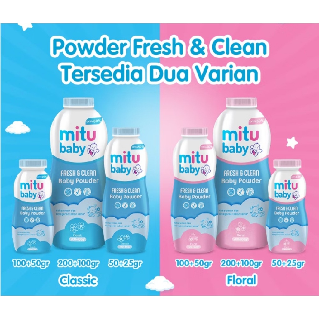 Jual MItu Baby Powder Fresh & Clean 100+50gr/ 50+25gr | Shopee Indonesia