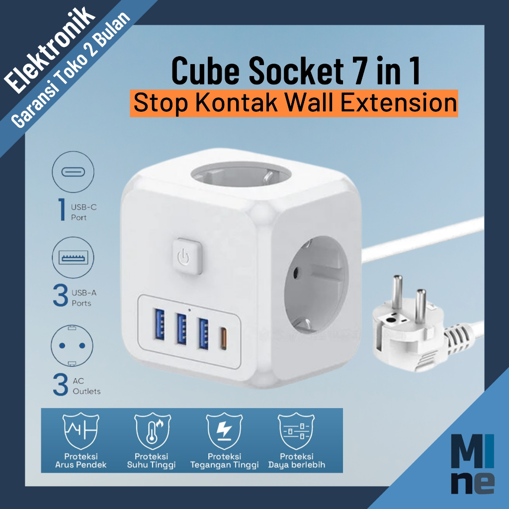 Jual Stop Kontak 7 in 1 USB Plug EU + Type C Port Cube Wall Socket Extension | Shopee Indonesia