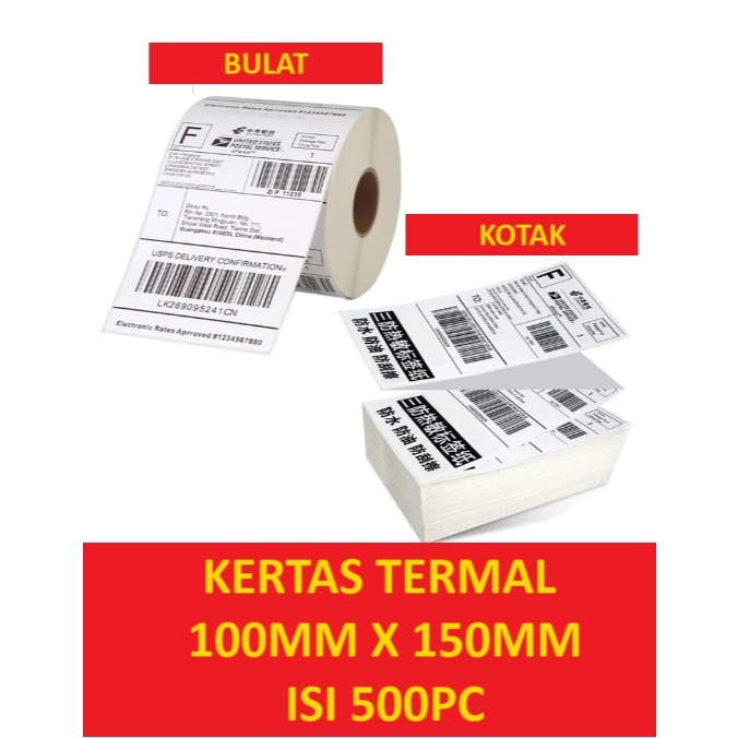 Jual LABEL STICKER THERMAL 100 X 150 isi 500 pcs / BARCODE 100X150 UKURAN A6 / Kertas Resi ...
