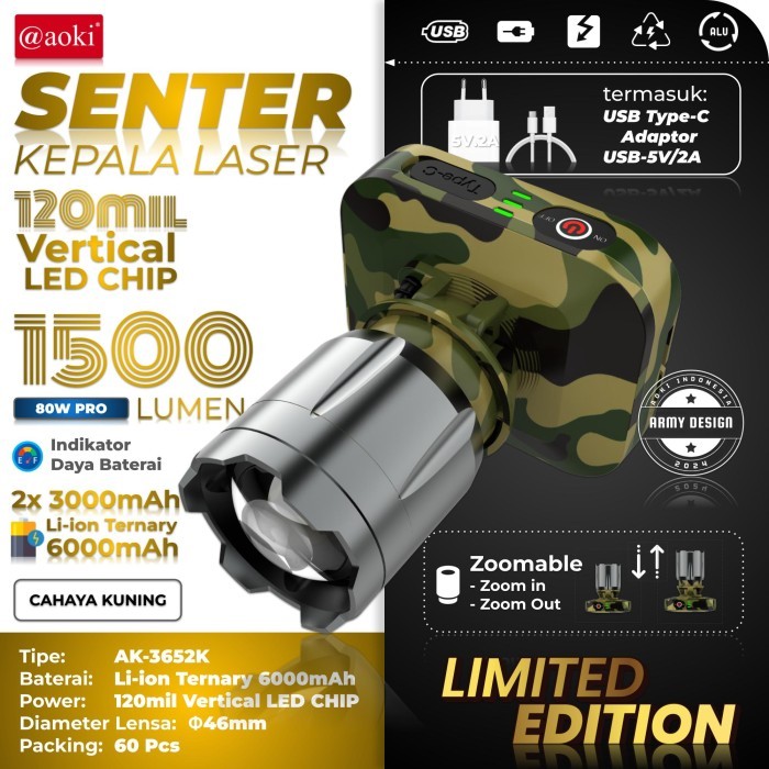 Jual aoki senter kepala cahaya putih - kuning - cash usb - super terang ...